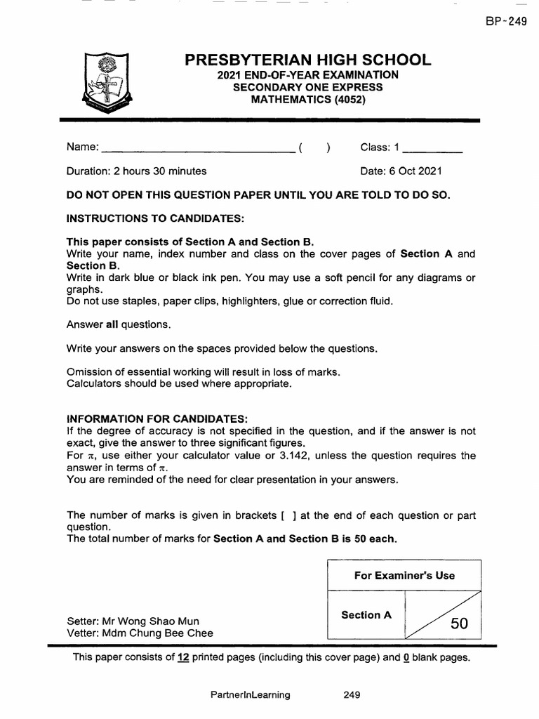 2021 Presbyterian High School Math Exam | PDF | Circle | Area