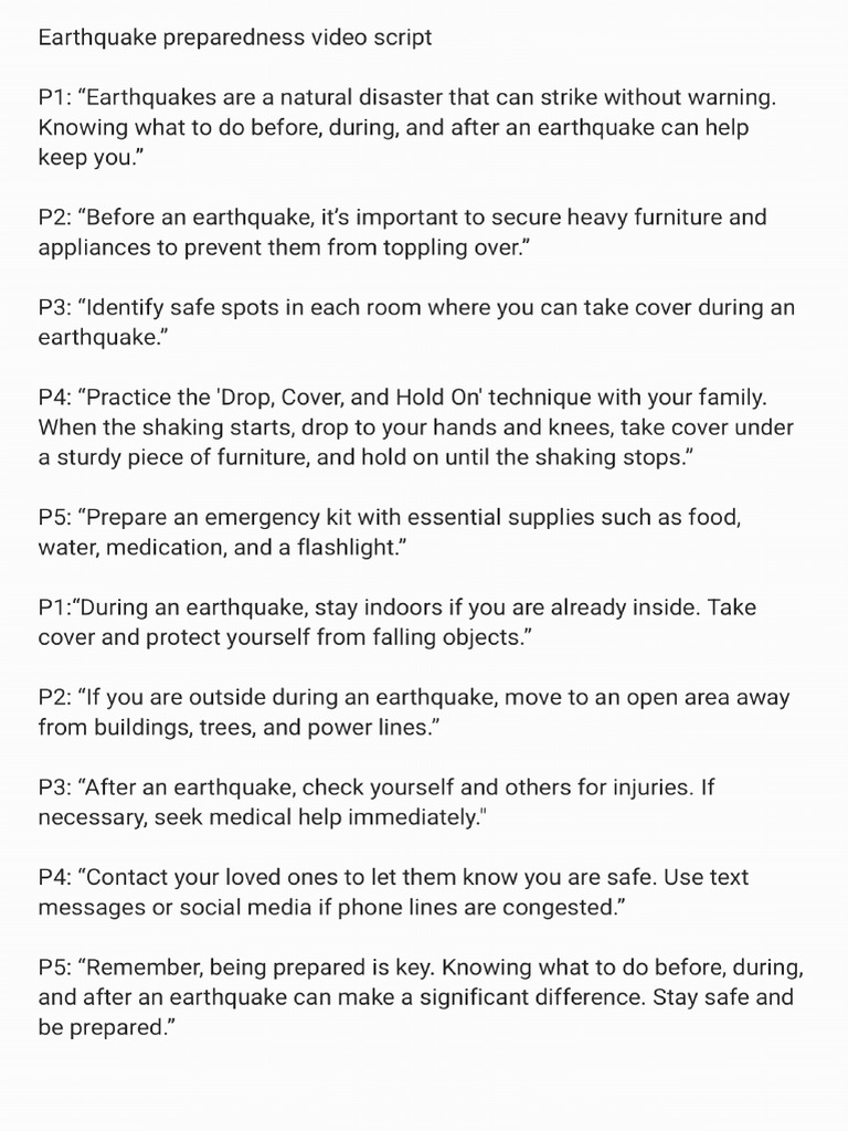 Earthquake Preparedness Video Script | PDF