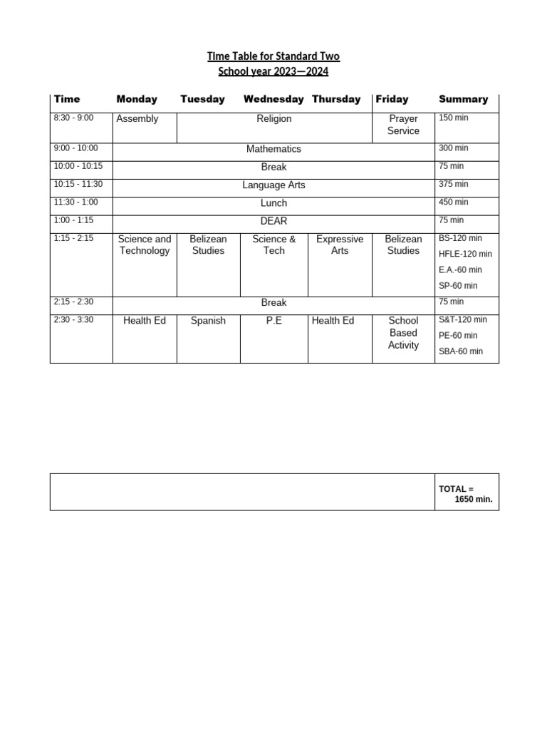 Time Table For Standard 2 | PDF