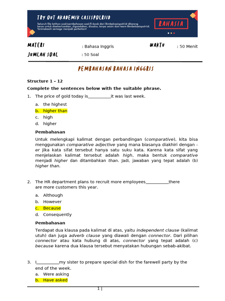 Pembahasan Try Out Akademik Bahasa Inggris 19 Oktober 2023 | PDF