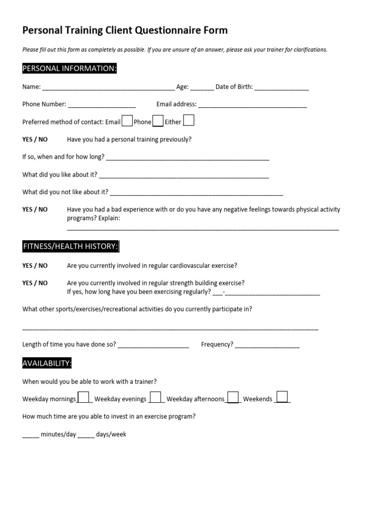 Personal Training Client Questionnaireform | PDF