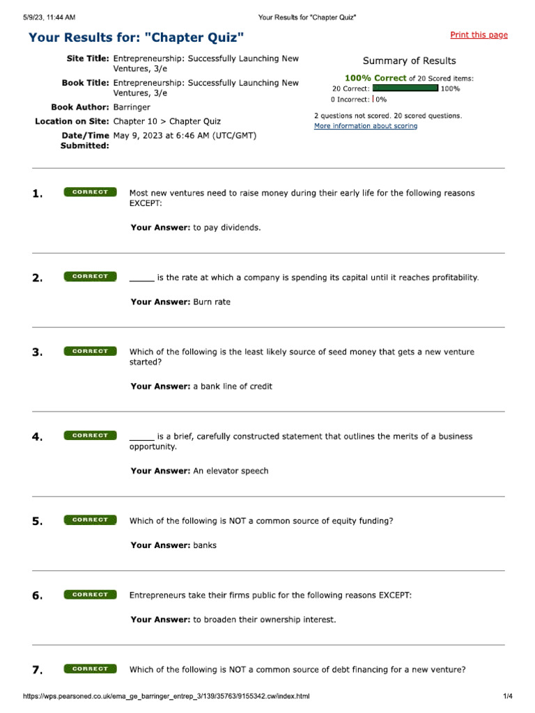Entrepreneurship Quiz Chapter10 | PDF