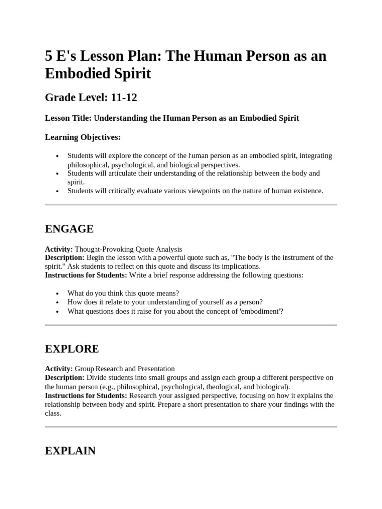 5 E's Lesson Plan: The Human Person As An Embodied Spirit: Grade Level ...