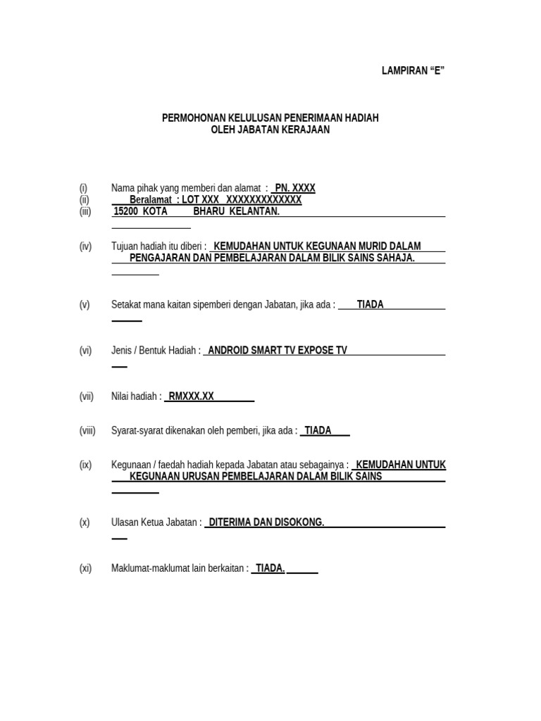 Permohonan Kelulusan Penerimaan Hadiah Oleh Kerajaan LAMPIRAN E 2024 | PDF