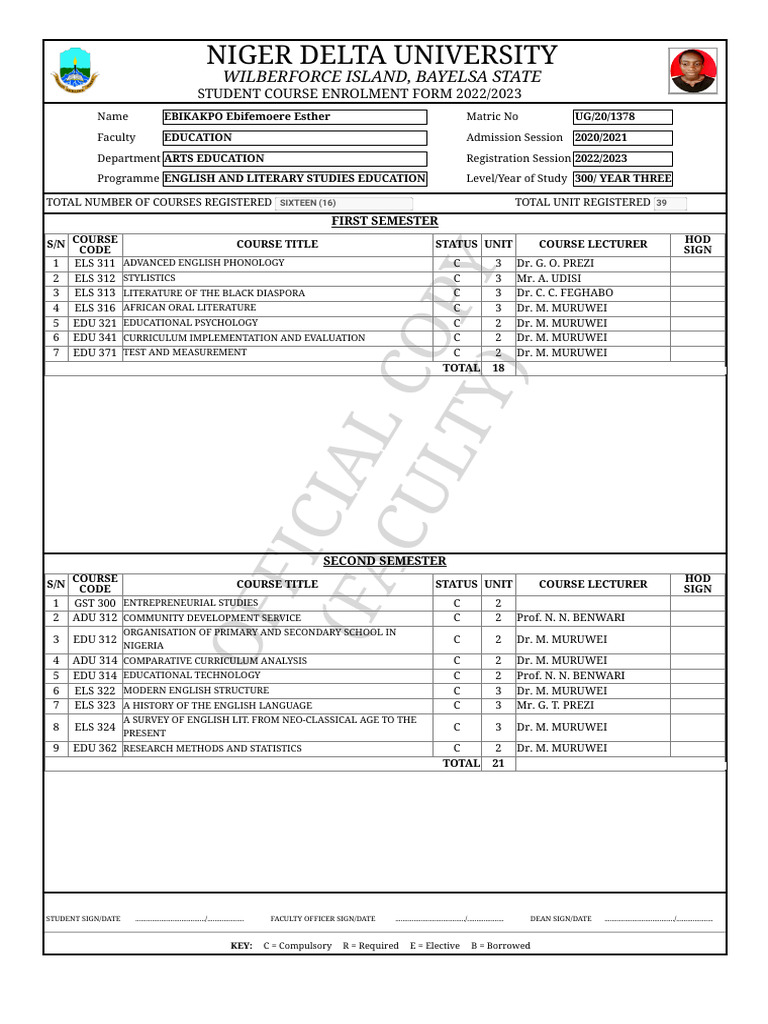 Esthy 300L Course Enrolment Form - UG - 20 - 1378 | PDF