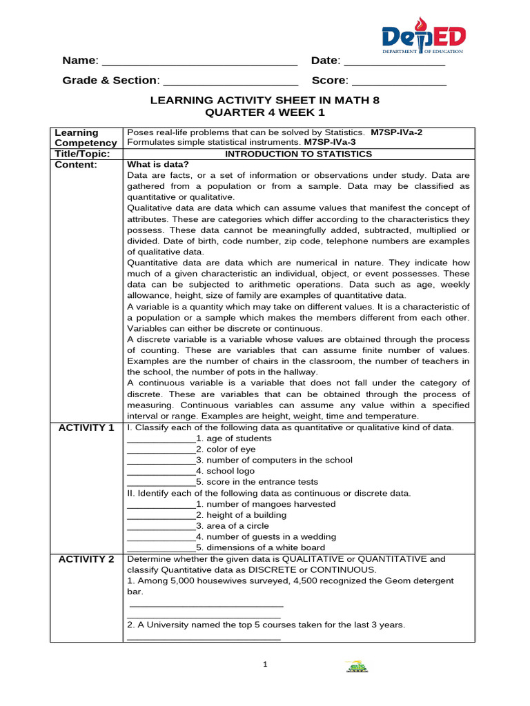 LAS - Math 8 Quarter 4 Week 1 | PDF