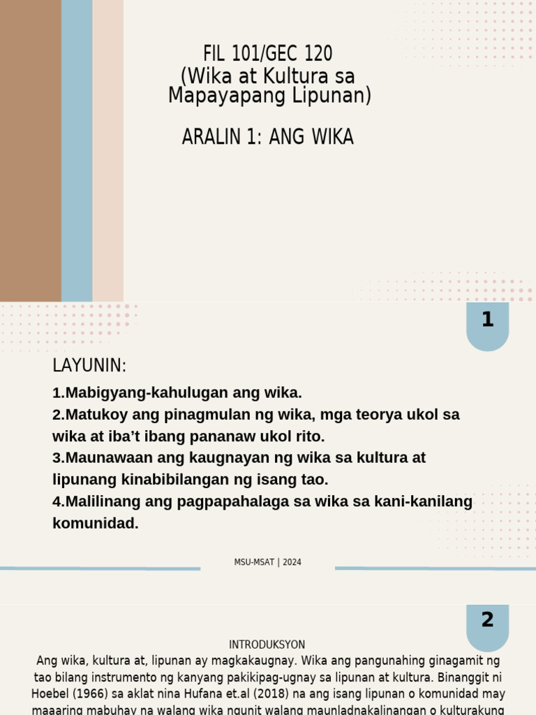 FIL 101GEC 120 Wika at Kultura Sa Mapayapang Lipunan Aralin 1 Ang Wika 20240819 135255 0000 | PDF