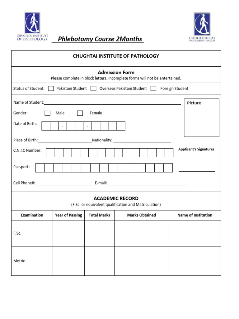 Admission Form Phlebotomy Course 2 Months 1 | PDF