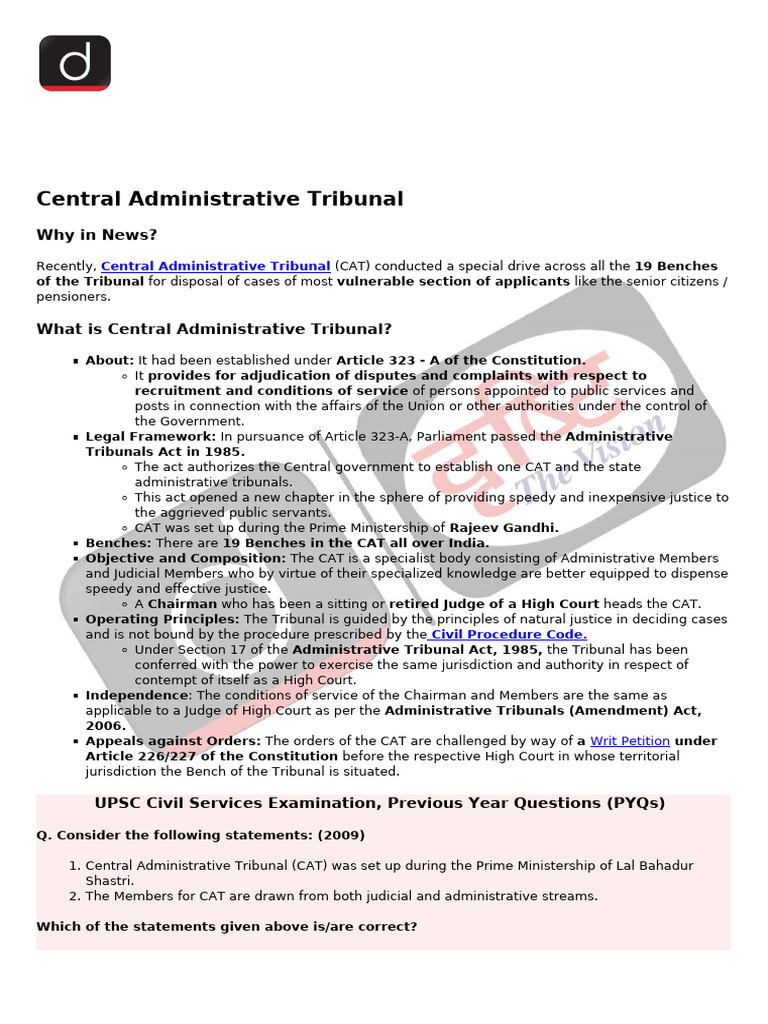 Central Administrative Tribunal: Why in News? | PDF