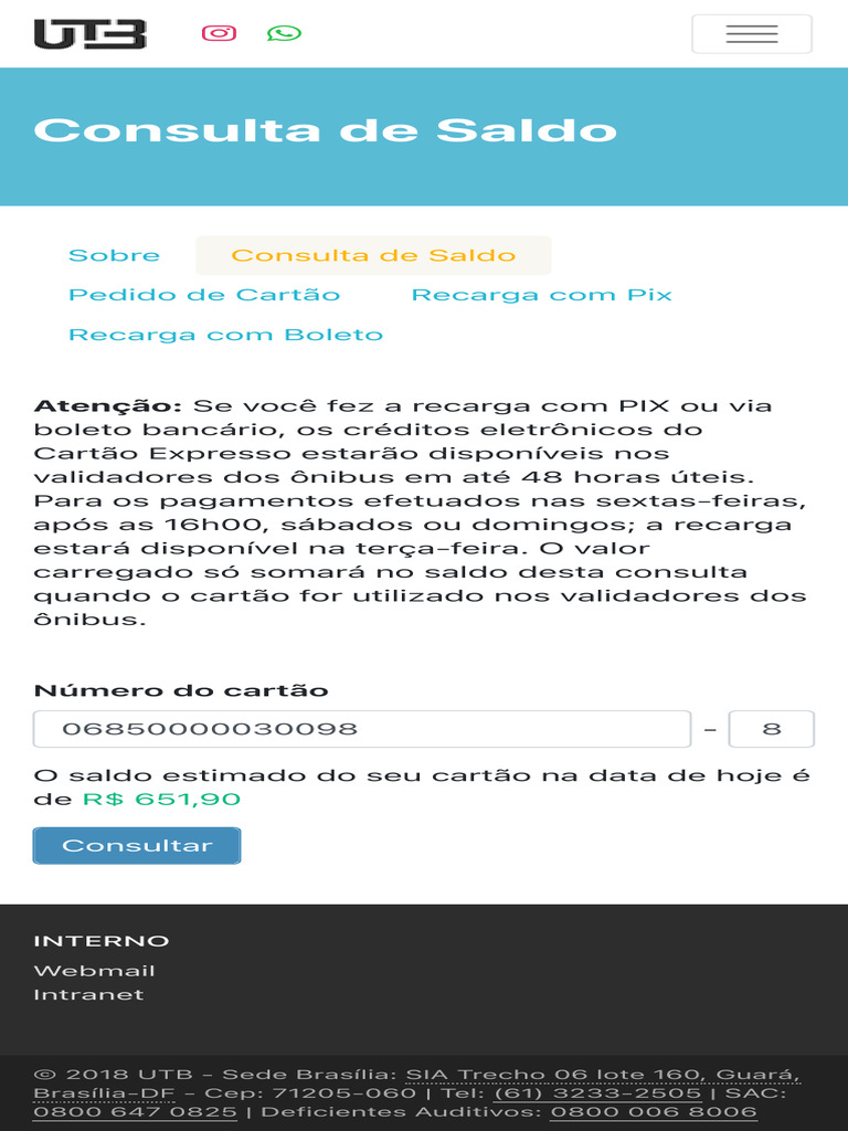 Consulta de Saldo UTB - União Transporte Brasília | PDF