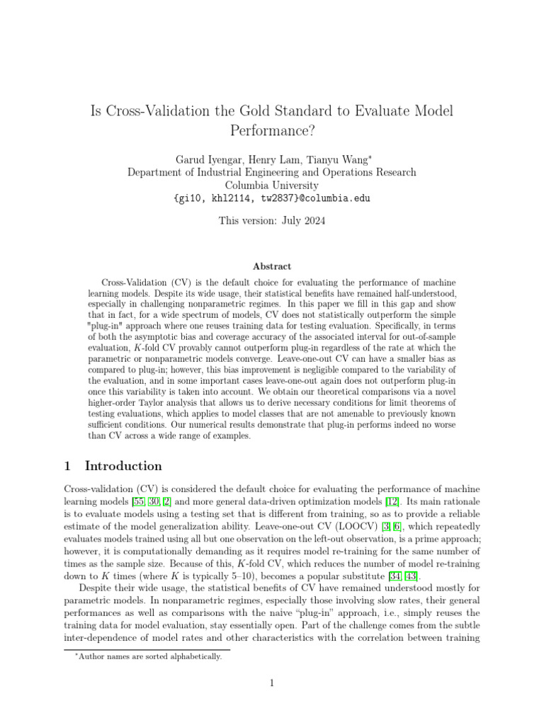Is Cross-Validation The Gold Standard To Evaluate Model Performance | PDF