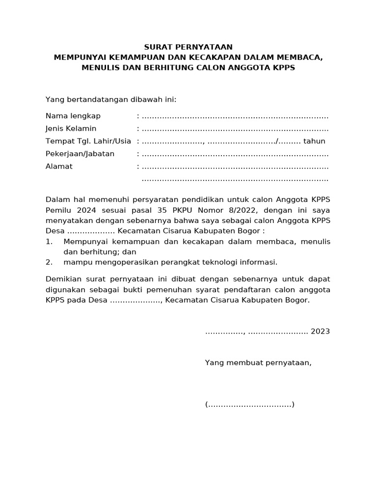 Surat Pernyataan Calistung - KPPS | PDF