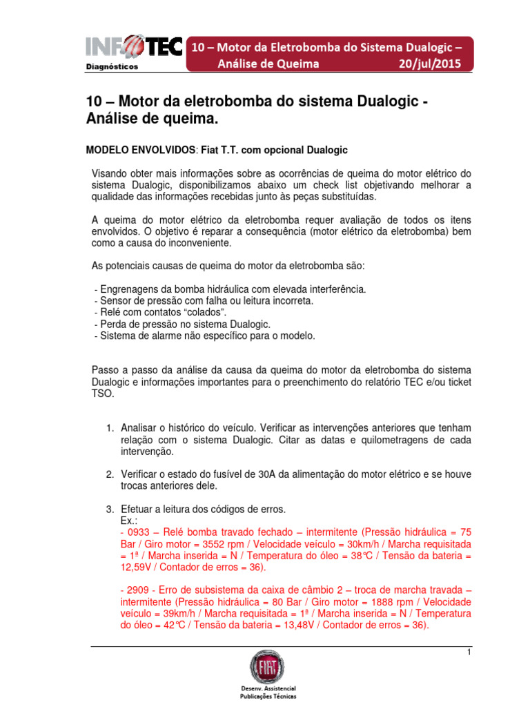 Microsoft Word Diagn 363stico Motor Da Eletrobomba Do Sistema Dualogic | PDF