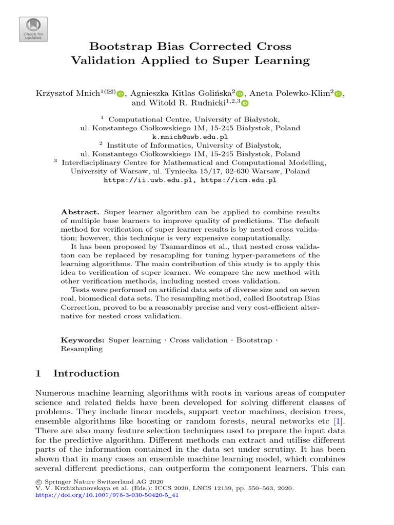Bootstrap Bias Corrected Cross Validation Applied To Super Learning | PDF