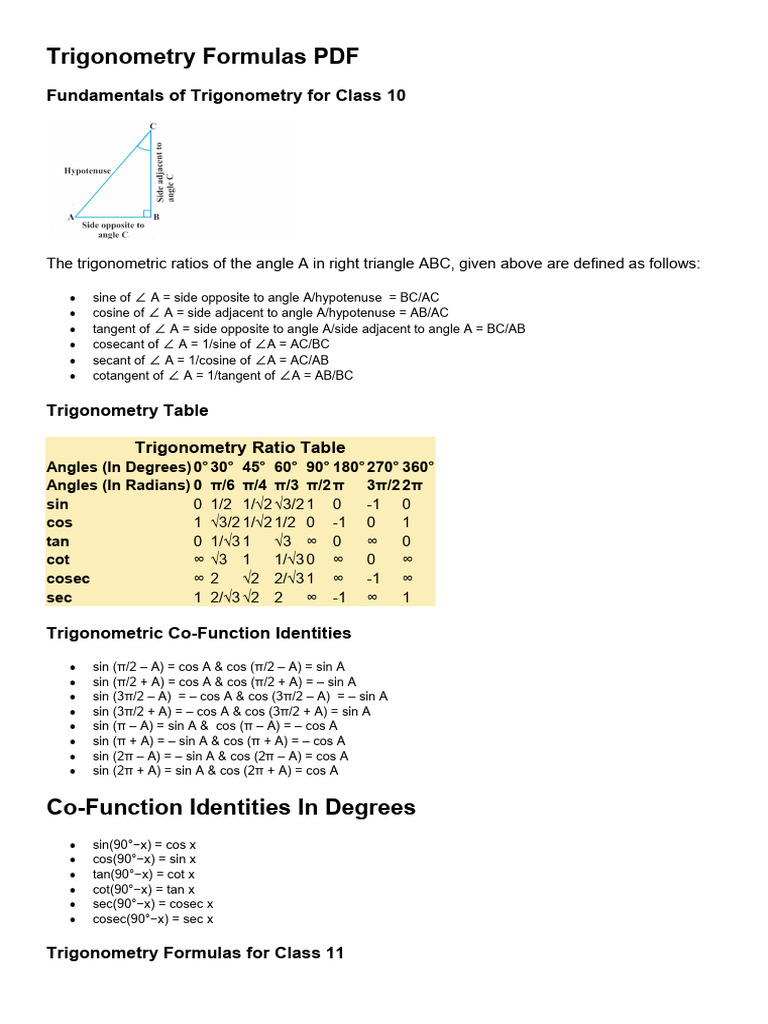 Trigonometry Formula Maths | PDF