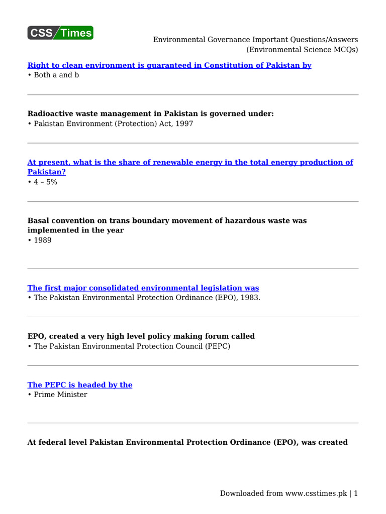 Environmental Governance Important Questions - Answers (Environmental Science MCQS) | PDF ...