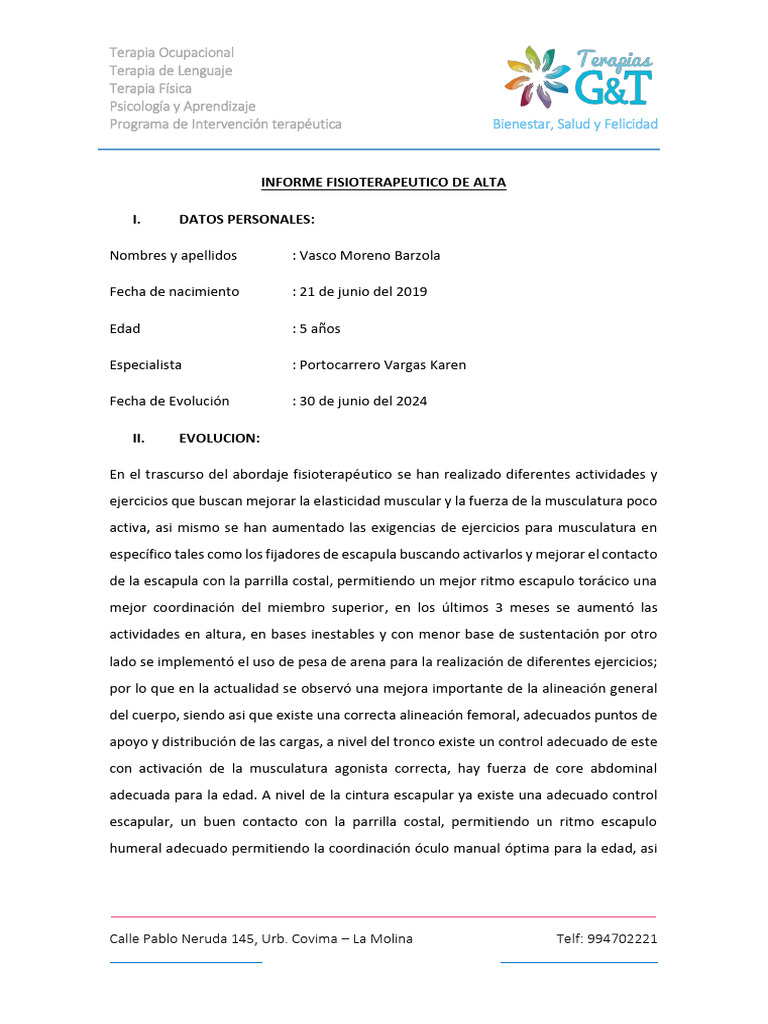 Informe de Alta Tf. Vasco Moreno. Junio. 2024 | PDF | Terapia física | Psicoterapia