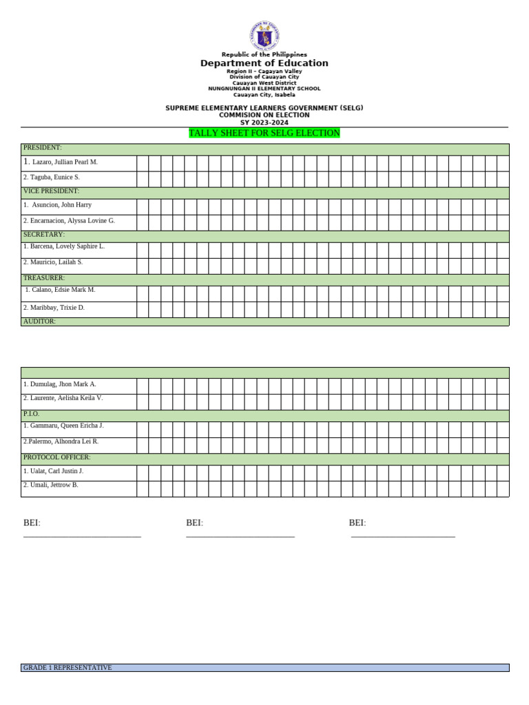 Tally Sheet For Selg Officers-Sy 2023-2024 | PDF