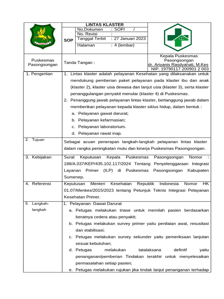 Sop Lintas Klaster Pasongsongan | PDF