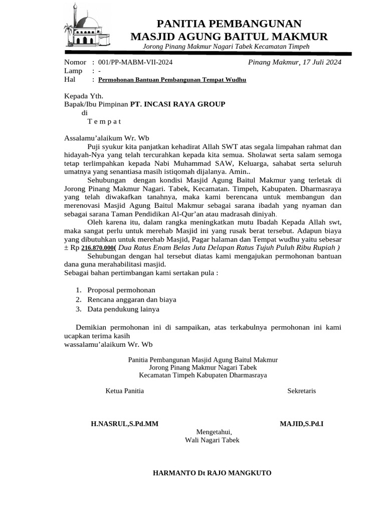 Permohonan Dana Renovasi Masjid Dharmasraya | PDF