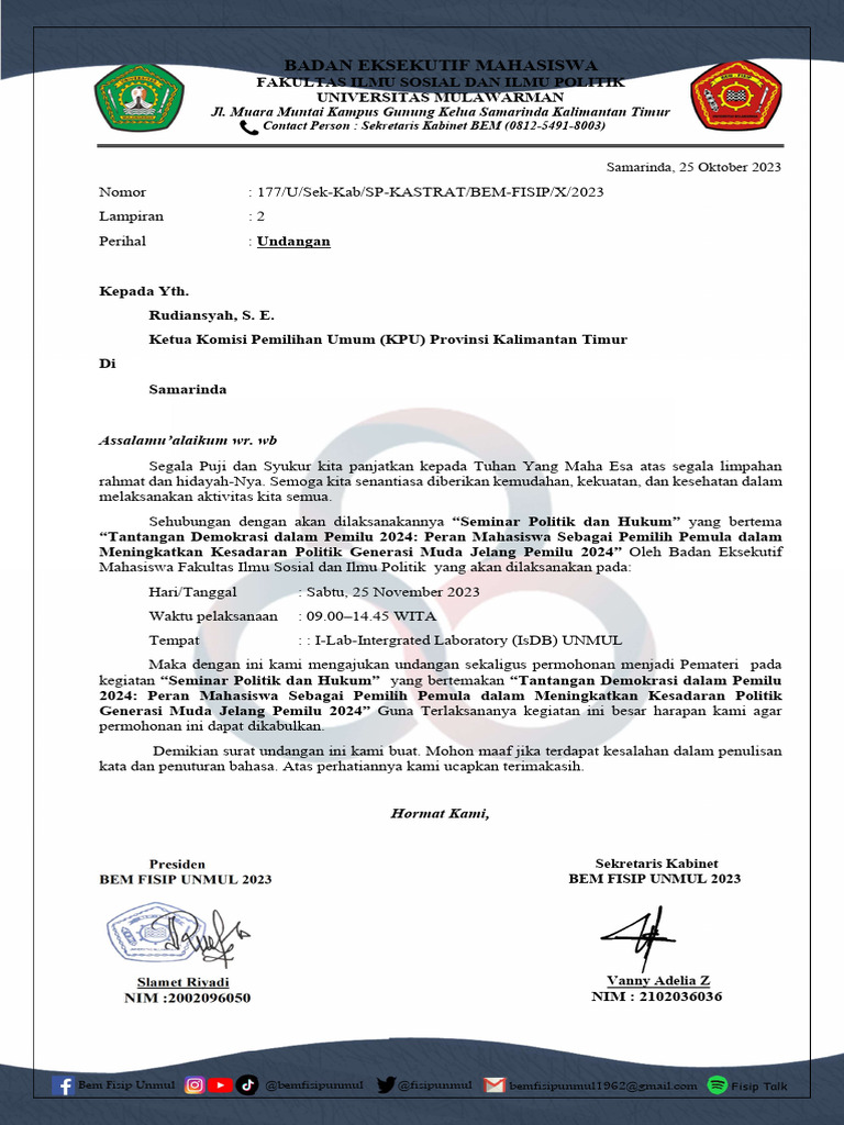 Surat Undangan Pemateri KPU Kaltim | PDF