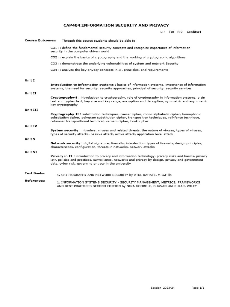 Cap404 - Information Security and Privacy Syllabus | PDF
