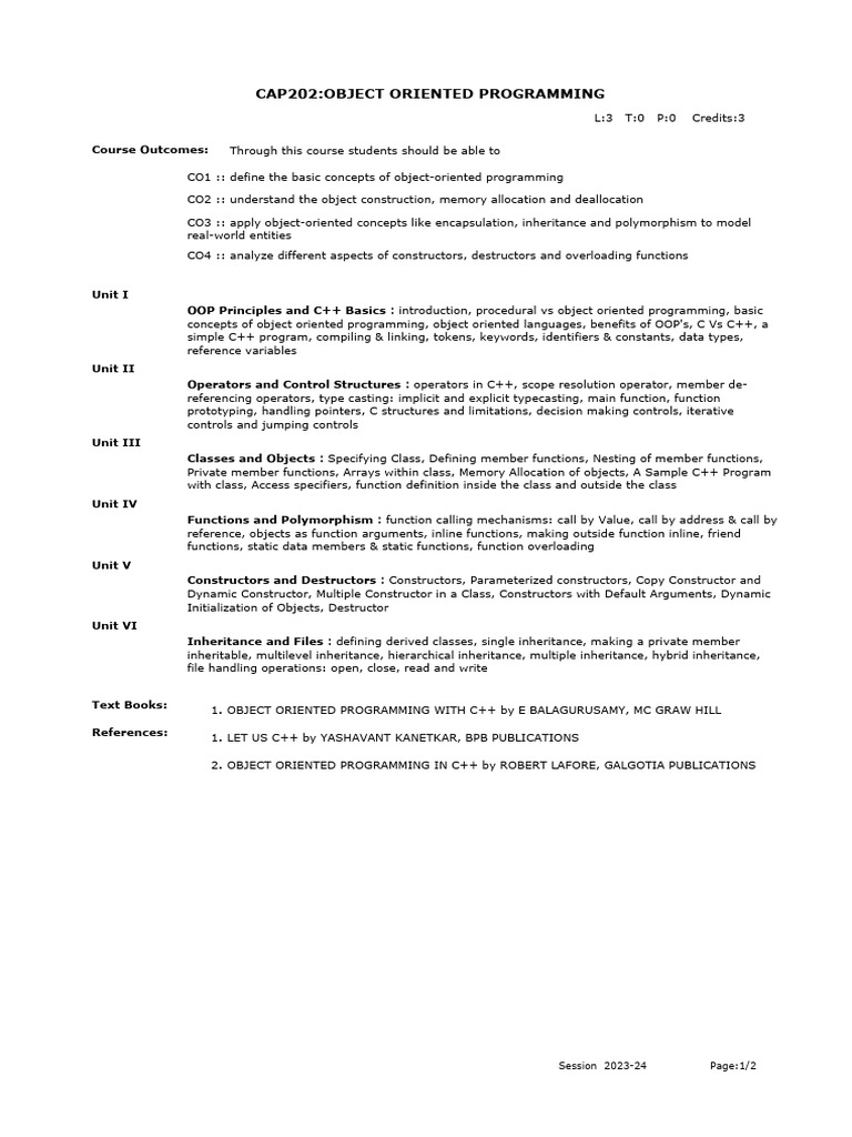 CAP202 - OBJECT ORIENTED PROGRAMMING SYLLABUS | PDF CAP202 - OBJECT ORIENTED PROGRAMMING SYLLABUS | PDF