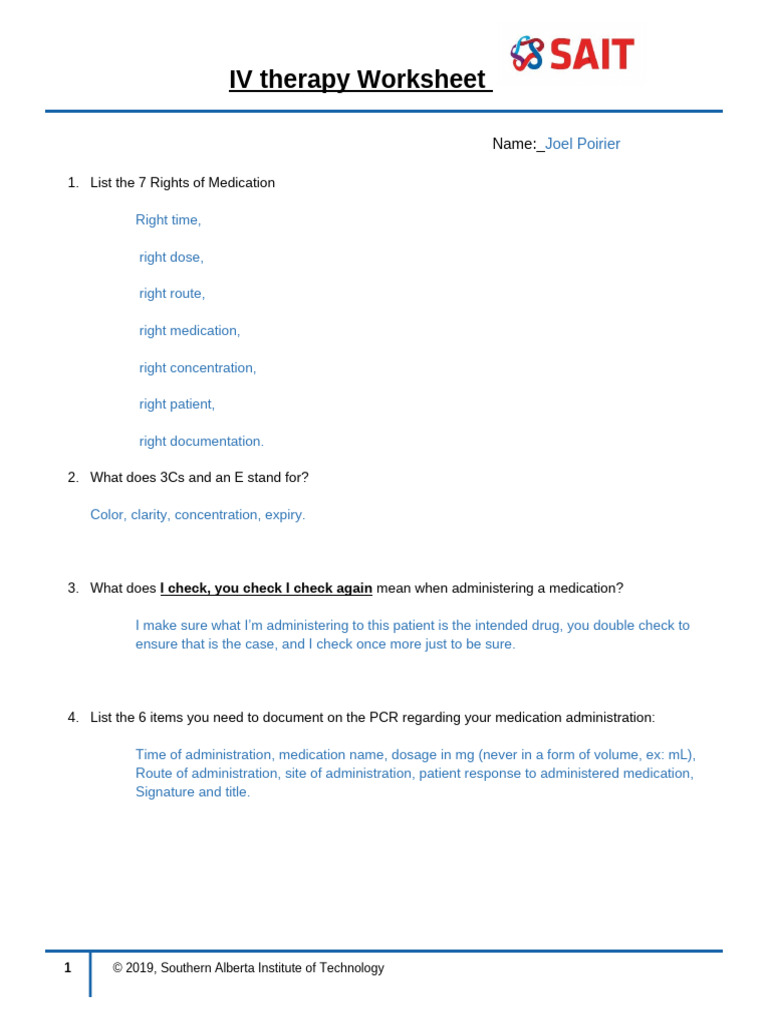 IV, IM and SC Therapy Worksheet | PDF