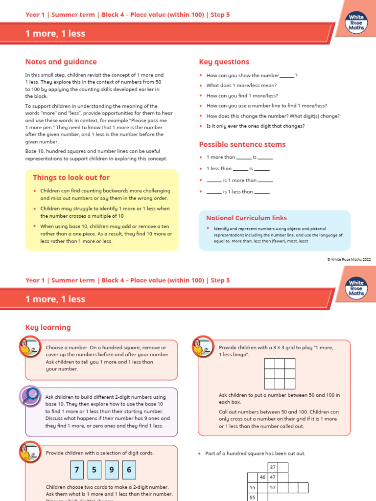 Y1 Summer Block 4 Sol5 1 More 1 Less Pdf
