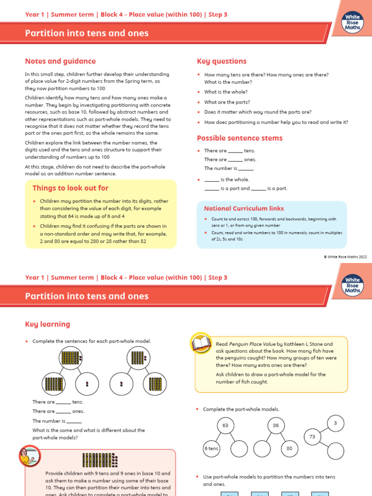 Y1 Summer Block 4 SOL3 Partition Into Tens and Ones | PDF | Cognition | Cognitive Science