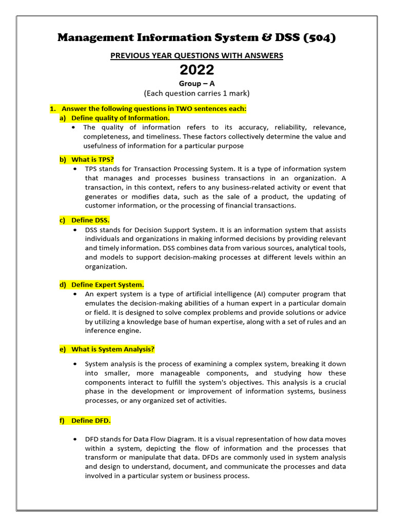 MIS & DSS - Solutions To Previous Year Questions | PDF | File Transfer Protocol | Computers