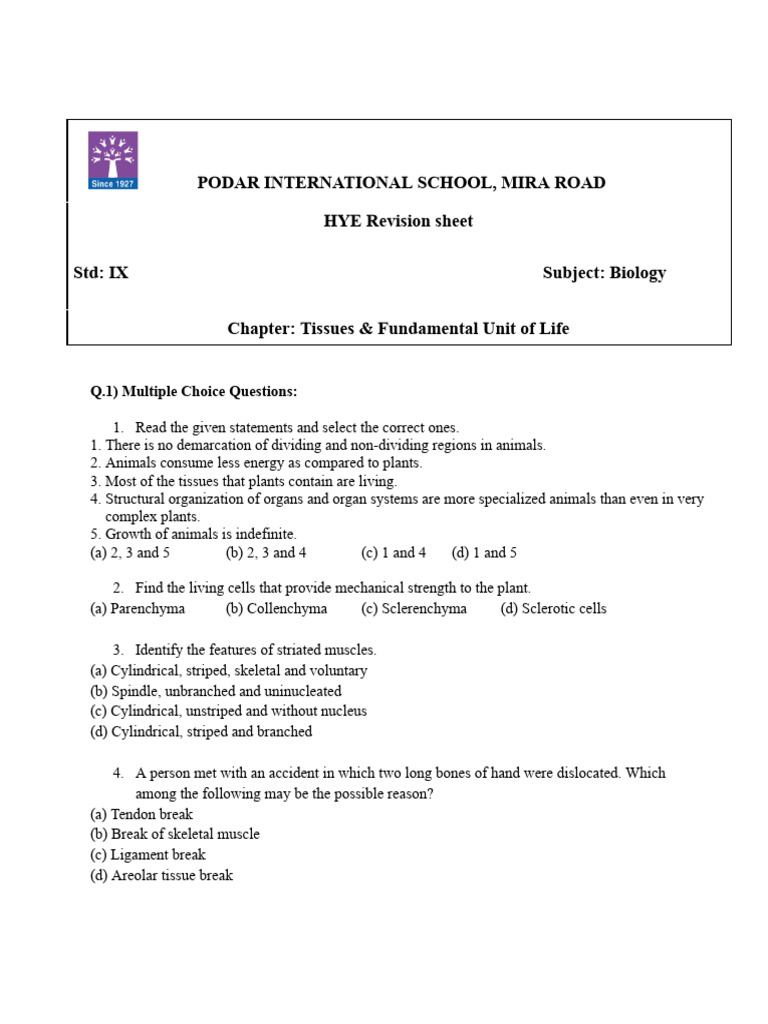 GR9 HYE Revision Sheet | PDF | Tissue (Biology) | Science & Mathematics