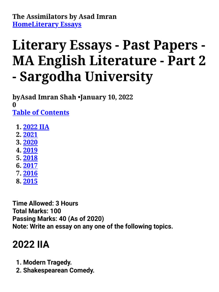 Past Papers Literary Essays | PDF