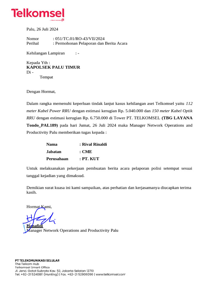 Surat Kuasa Kehilangan Kabel Power RRU Dan Kabel Optik RRU (TBG Layana ...