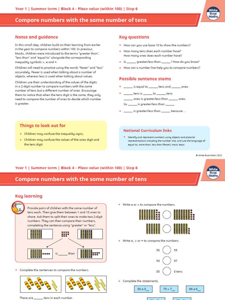Y1 Summer Block 4 Sol6 Compare Numbers With The Same Number Of Tens Pdf