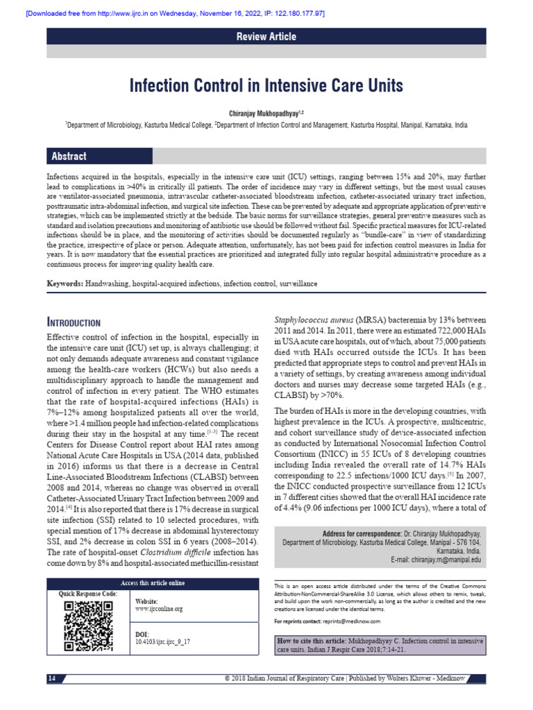 Infection Control in ICU | PDF