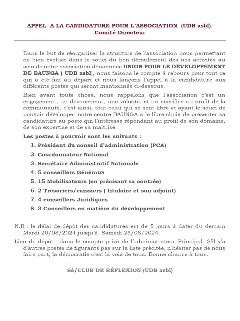 Appel A La Candidature (UDB Asbl) - Comité Directeur: Pour L'Association | PDF