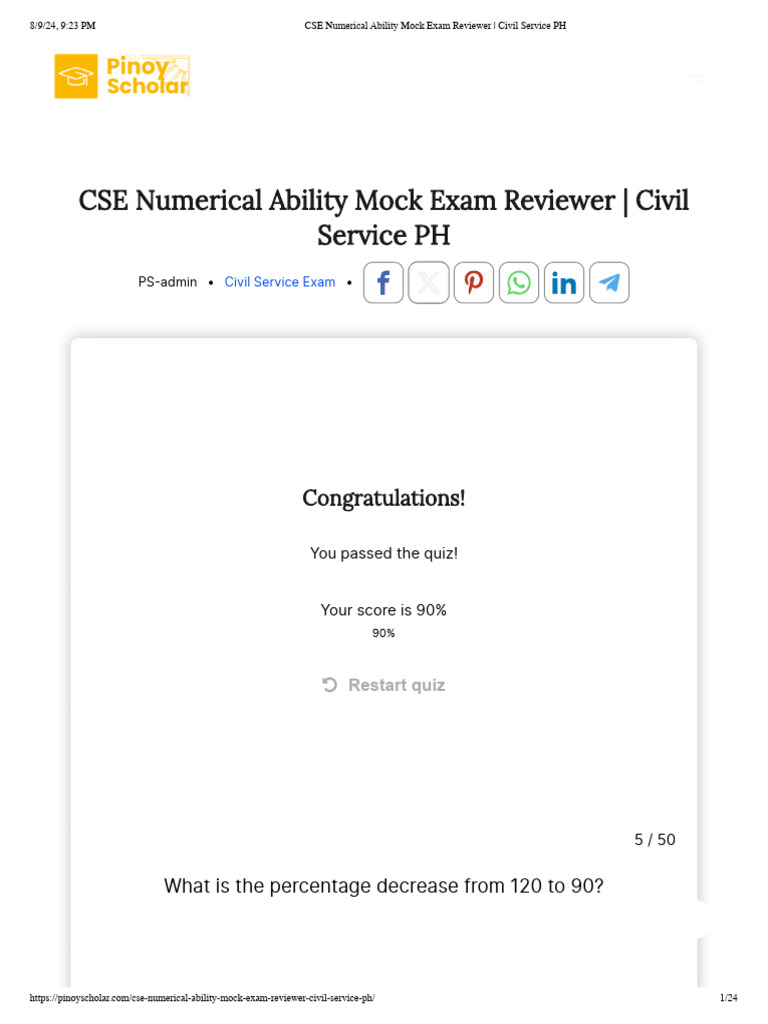 CSE Numerical Ability Mock Exam Reviewer - Civil Service PH | PDF