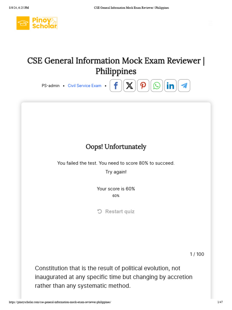 CSE General Information Mock Exam Reviewer - Philippines | PDF