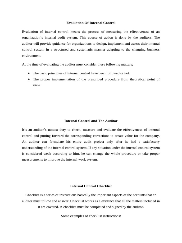 Evaluation of Internal Control 1 | PDF | Internal Control | Audit