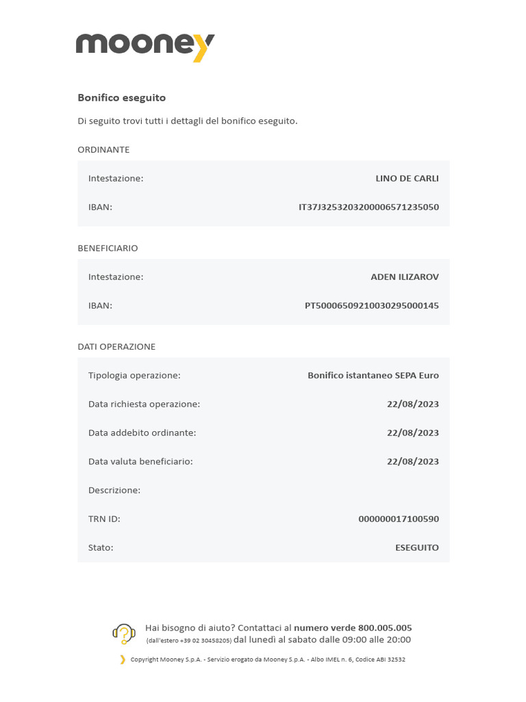 Ricevuta bonifico eseguito | PDF