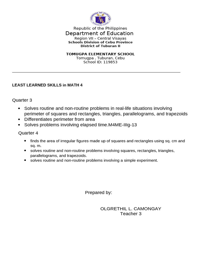 LEAST LEARNED SKILLS in MATH GRADE 4 | PDF