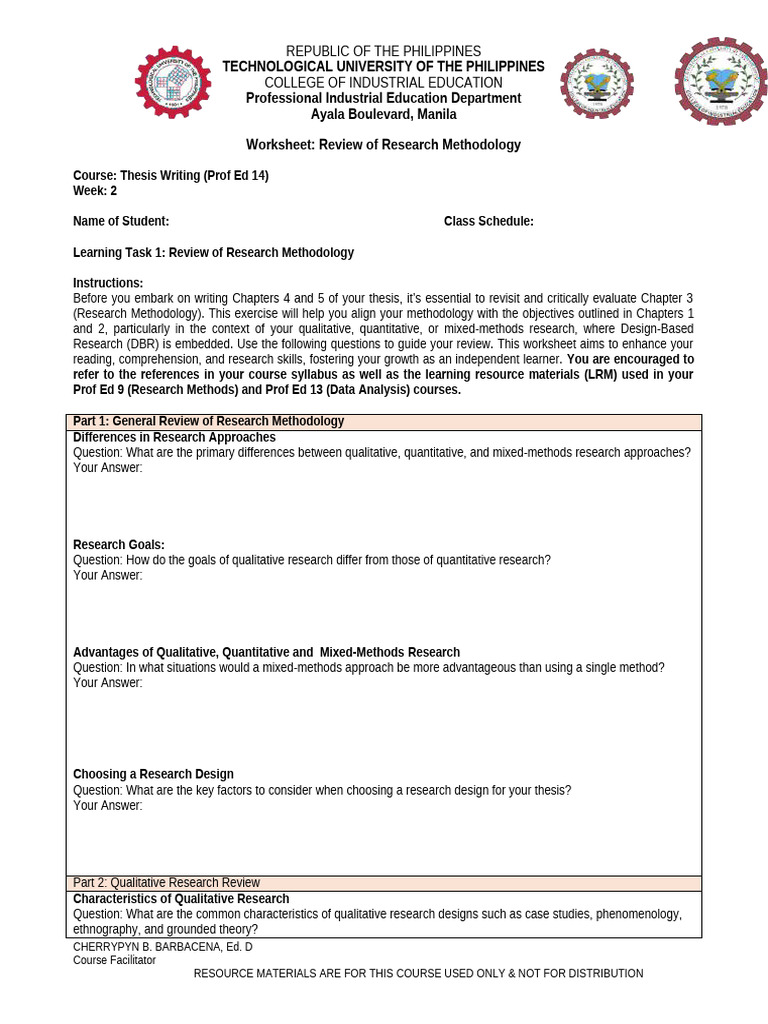 Week 2 Task Sheet (Review of Research Methodology) | PDF