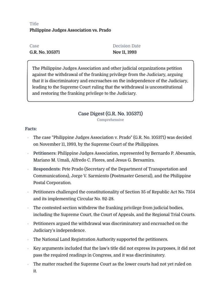 Case Digest: G.R. No. 105371 - Philippine Judges Association Vs Prado | PDF