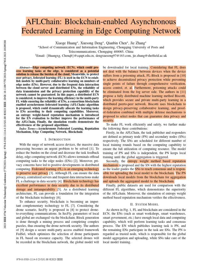 AFLChain Blockchain-Enabled Asynchronous Federated Learning in Edge Computing Network | PDF