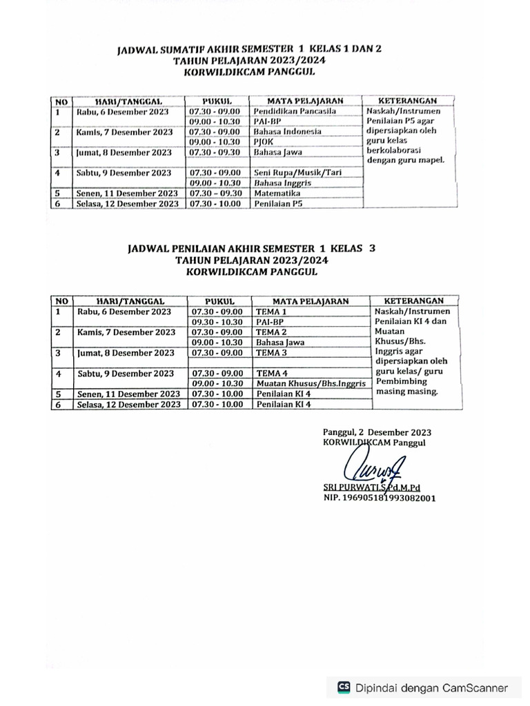 Jadwal SAS-PAS 1 Klas 1,2 & 3 TP.2023-2024 | PDF