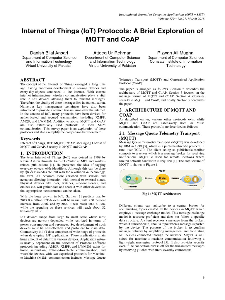 Internet of Things (Iot) Protocols: A Brief Exploration of MQTT and Coap | PDF