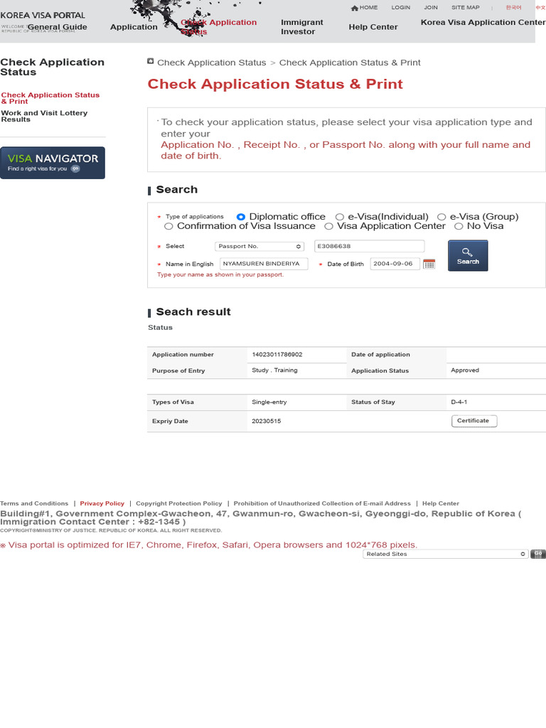 KOREA VISA PORTAL Check Application Status Check Application Status & Print | PDF