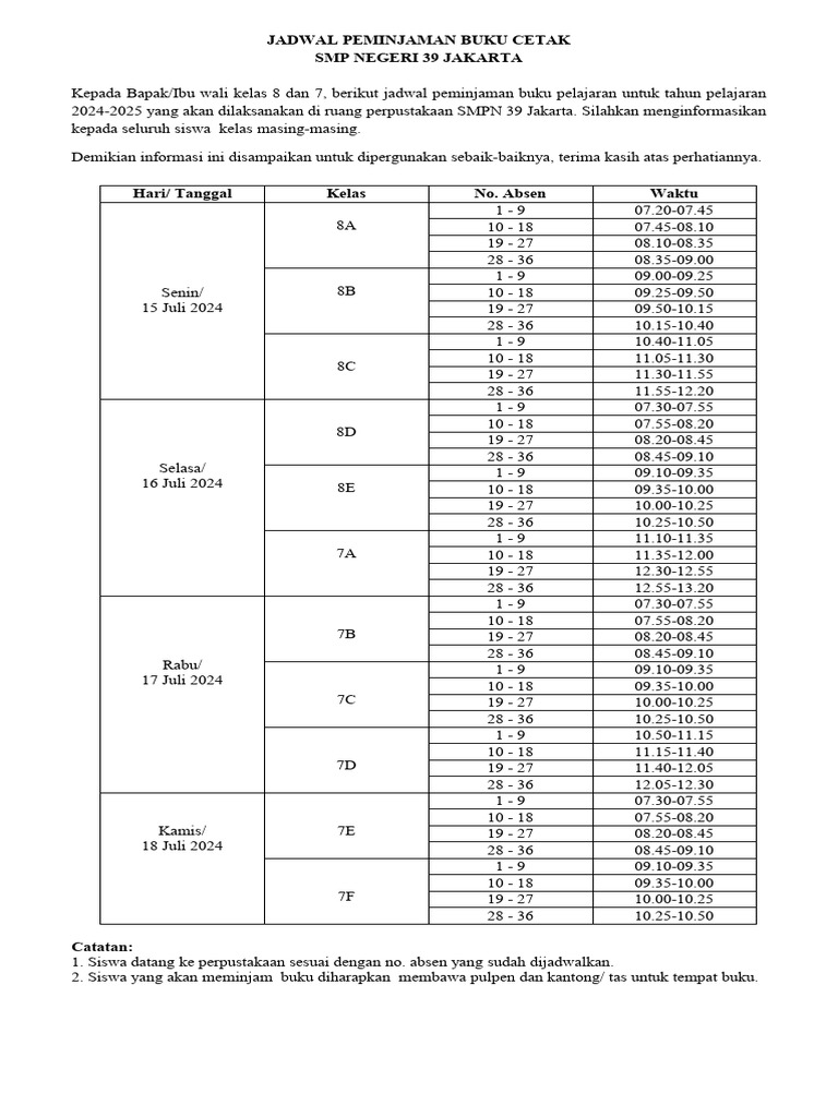 JADWAL PEMINJAMAN BUKU CETAK Kelas 7 Dan 8 TP 2024-2025 | PDF