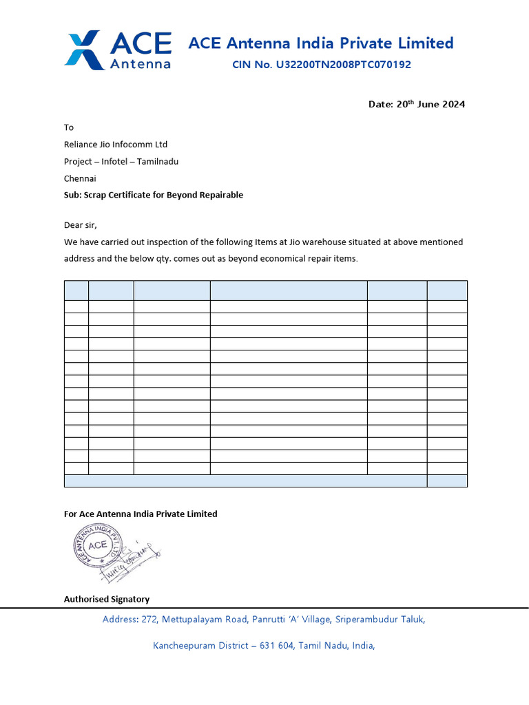 Chennai - Scrap Certificate - RET-88 Nos | PDF